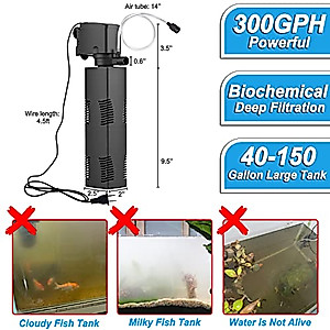 TARARIUM Aquarium Filter for 40-150 Gal. Tank Crystal 300GPH Biochemical Filtration Powerful Pump Submersible Internal Fish Tank Filters Large Tank Pond Clear Wavemaker Air Supply 4 in 1