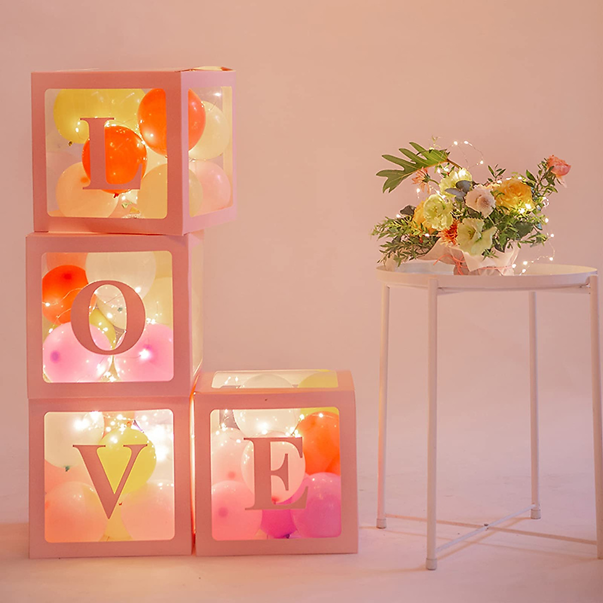 Agyvvt Wedding Party Birthday Balloon Box Decorations (4 Pink Boxes) | 4Letters (L O V E)