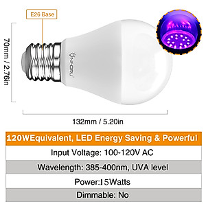 Onforu 15W LED Black Light Bulbs, A19 E26 120W Equivalent Blacklight Bulb for Glow in The Dark, Halloween Lights, 120V, Level 385-400nm, Blacklight Party, Body Paint, Fluorescent Poster