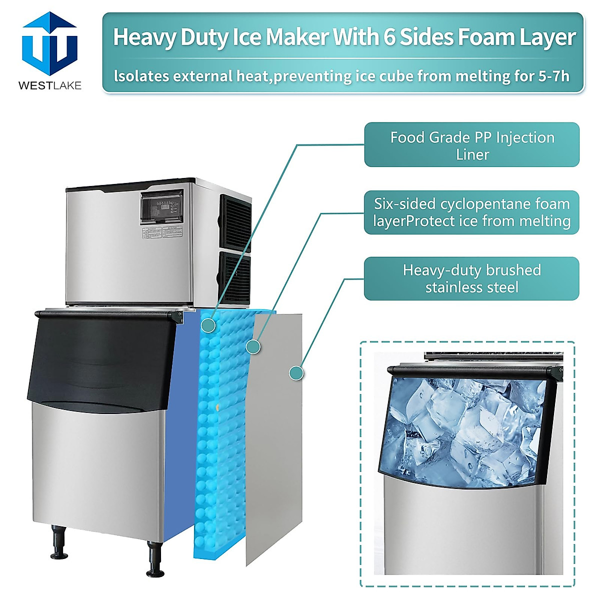 Westlake Commercial Ice Maker Machine Stainless Steel Full Cube NSF Certificated 500 lbs/24H Ice with 375lbs Storage Ice Maker Machine Capacity-Ideal for Coffee Shops, Hotels, Bars, Restaurants