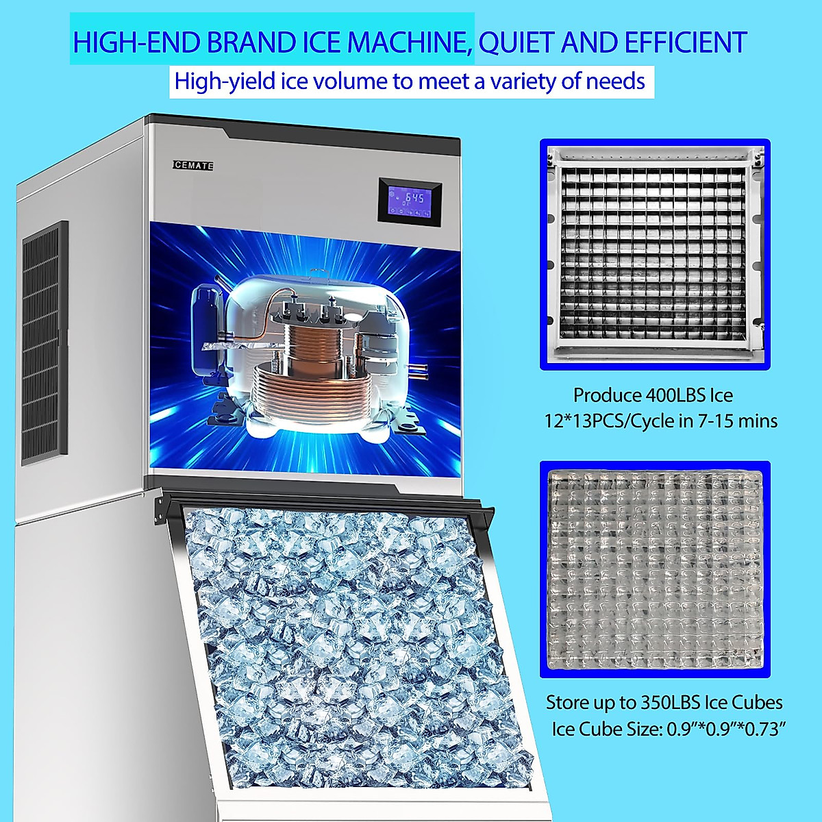 ICEMATE Commercial ice Maker Machine 400 LBS/24H Commercial Ice Machine with Storage 350 LBS Ice Maker Commercial with Drain Pump,Suitable for Restaurants, Bars, Coffee Shops, Large Families,etc