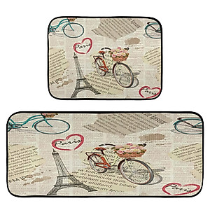 ALAZA Vintage Paris Eiffel Tower France Newspaper 2 Piece Kitchen Rug Floor Mat Set Runner Rugs Non-Slip for Kitchen Laundry Office 20" x 28" + 20" x 48"