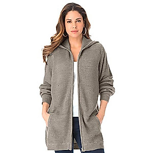 Roaman's Women's Plus Size Classic-Length Thermal Waffle Hoodie Zip Up Sweater - 3X, Medium Heather Grey Gray