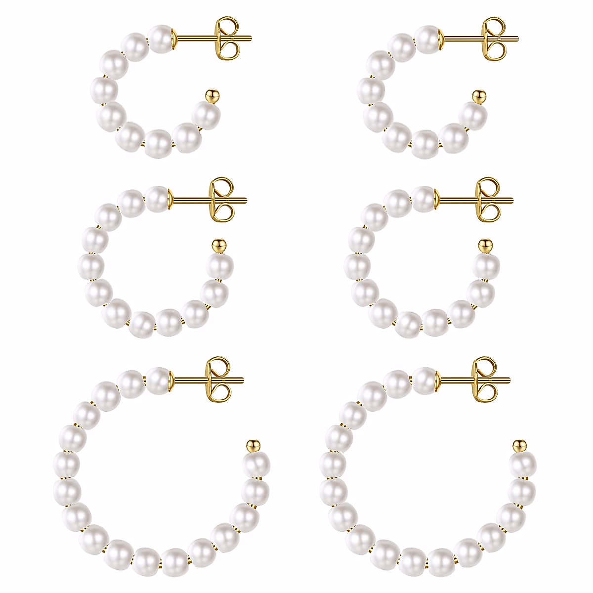 MUYAN 3 Pairs Pearl Hoop Earrings for Women,Gold Plated Pearl Earrings Lightweight Hoops White Pearl Hoops