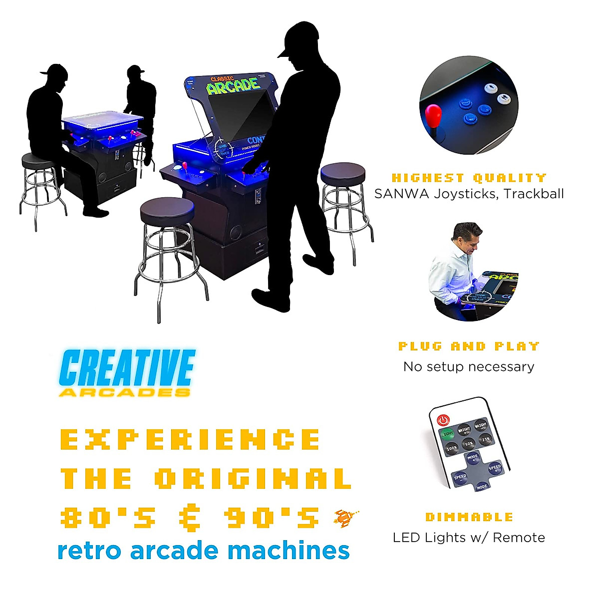 Creative Arcades Full Size Commercial Grade Cocktail Arcade Machine w/Riser | 2 Player | 3500 Games | 32" LCD Lifting Screen | LED | 4 Sanwa Joysticks | Trackball | 2 Stools | 3 Year Warranty