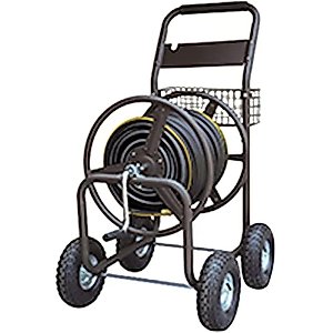 Rocky Mountain Goods Garden Hose Reel Cart - Holds up to 400 feet of 5/8” Hose - Slide Hose Guide System - Heavy Duty Metal Holder - 6 ft leader water hose included - Storage Basket - 10” Steel Wheels