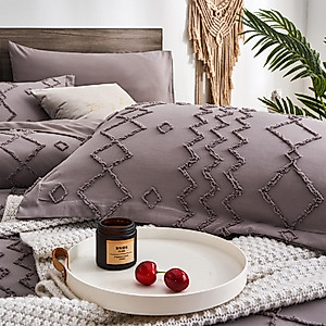 FLYMME Taupe Tufted Twin Comforter Set Bed in a Bag 7 Piece,Boho Shabby Chic Farmhouse Bedding Comforter with Sheets,Soft Lightweight Geometric Embroidery Comforter (Taupe, 68''x 86'')