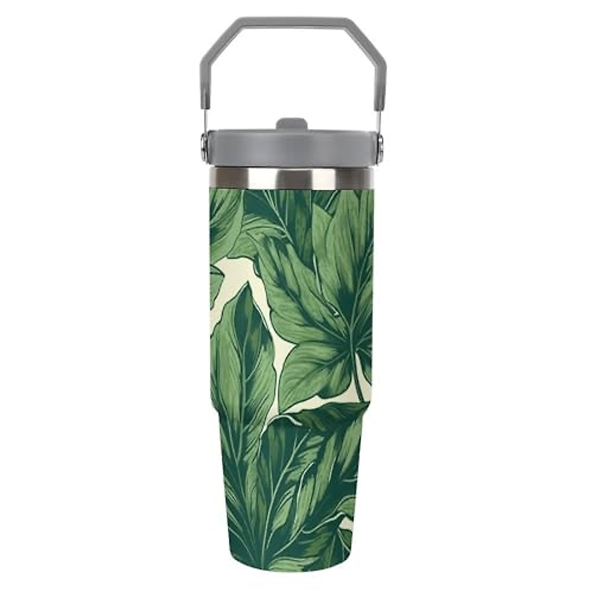 WITHSBKK 30oz Car Cup Green Foliage Botanical Printed with Portable, Stainless Steel Travel Mug, Vacuum Insulated Tumbler And Straw, Leakproof for Car & Outdoor, UV Printed Design