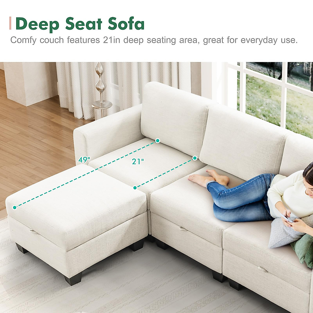 WACASA Convertible Sectional Sofa Couch with Storage, 3 Seat Sofa Modern Linen Fabric Upholstered L-Shaped Couch with 91.5'' Wide Seat, Comfy Sofa Sleeper Couches for Living Room Bedroom, Ivory