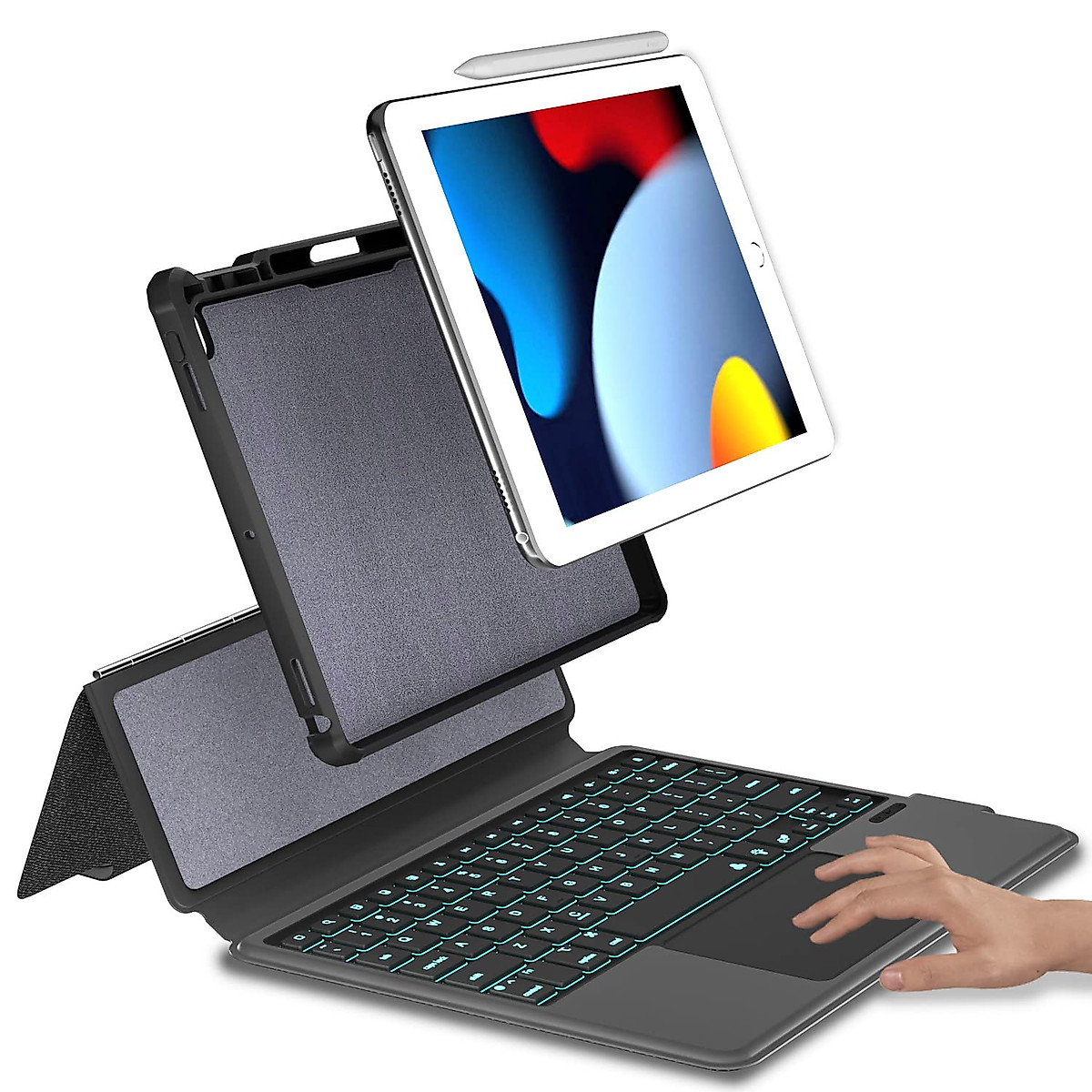 eoso Trackpad iPad Keyboard Case for Apple iPad 10.2" 2021 9th&8th&7th Gen, Air 3,Pro 10.5-7 Color Backlight,Touchpad Detachable Slim Cover with Pencil Holder (10.2"/10.5",Black)