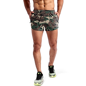 Pudolla Men’s Running Shorts 3 Inch Quick Dry Gym Athletic Workout Shorts for Men with Zipper Pockets(Camo Green Medium)