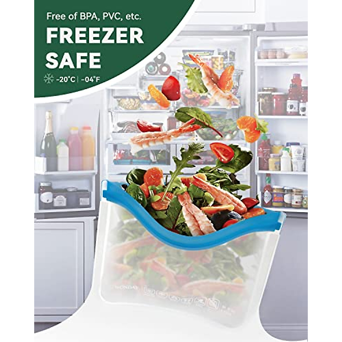 20 Pack Reusable Food Storage Bags and 1 Silicone Bag Drying Rack, Reusable Freezer Bags Assorted Sizes(5 Snack Bags+5 Sandwich Bags+5 Quart Bags+5 Gallon Bags) for Fruits Meat and Veggies