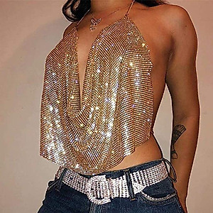 Ginfonr Sexy Sequins Body Chain Crop Top Belly Women Golden Fashion Jewelry Waist Bra Hot Bikini Beach Harness Dance Birthday Anniversary Festival Gift Night Club Party Rave Outfit for Lady Girls