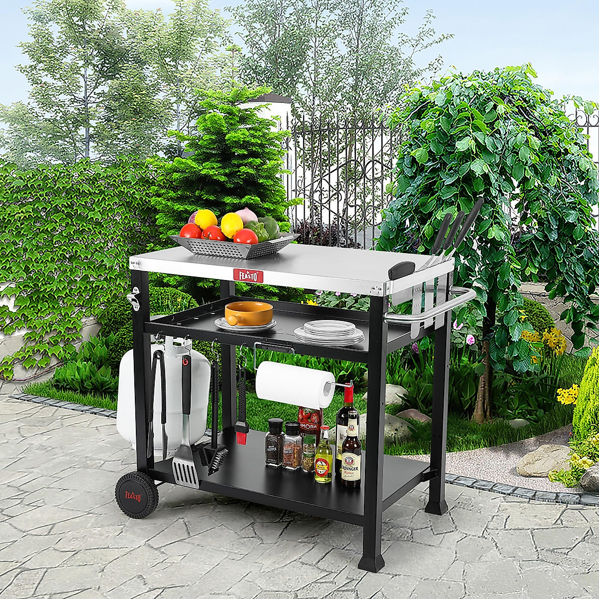 Feasto Three-Shelf Movable Food Prep and Work Cart Table, Home and Outdoor Multifunctional Stainless Steel Table Top Worktable on Two Wheels, L39.5''x W25.6''x H33'', Cover Included