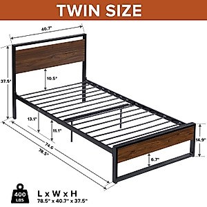 Metal Twin Size Bed Frame with Wood Headboard and Footboard, Platform Bed with Under-bed Storage Space, No Box Spring Needed, Sturdy Non-Slip Without Noise, Steel Slats, Mattress Foundation, Black