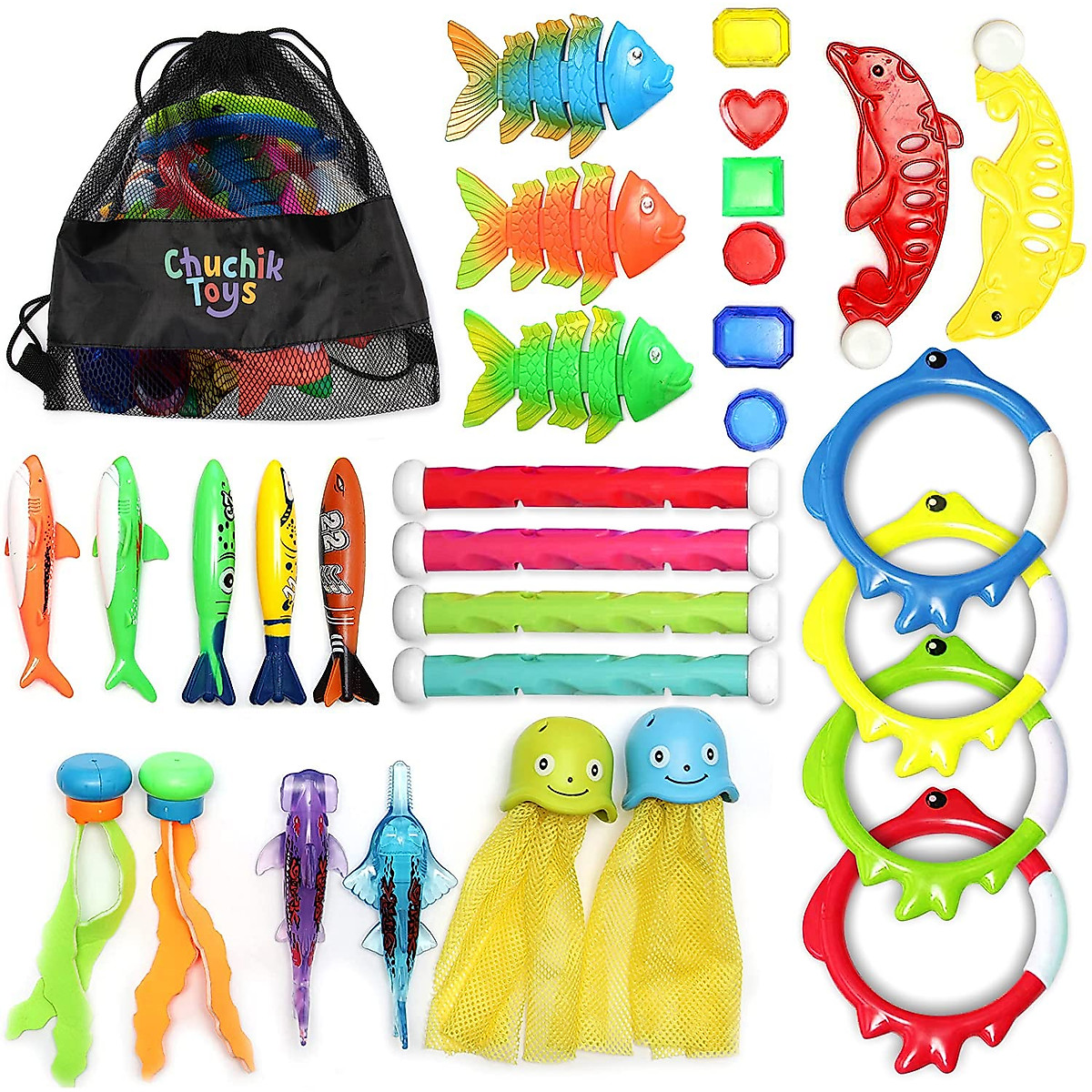 Chuchik 30 Pcs Diving Toys, Swimming Pool Toys for Kids Ages 4-8 8-12 with a Storage Net Bag. Pool Dive Toys for Kids. Pool Games, Swim Summer Water Toys. Include Diving Sticks & Pool Rings