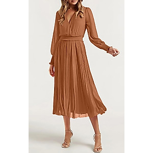 PRETTYGARDEN Women's Midi Long Puff Sleeve Summer Dresses 2024 Smocked Waist V Neck Flowy Ruffle Pleated Casual Long Dress (Brown,Medium)