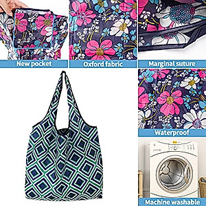 lukar Foldable Reusable Grocery Bags, Portable Reusable Shopping Bags Totes Machine Washable With Handles Folding Storage Bag, 10 Pack Flower Small daisy Leaf Lattice (1 extra small bag Design)