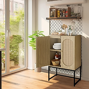 Lamerge Rattan Cabinet,2 Door Sideboard Buffet Cupboard Accent High Cabinet with Natural Rattan,Free Standing Bookmatch,Adjustable Shelves,Easy Assembly,Rustic Oak Beige (LRC-ob)
