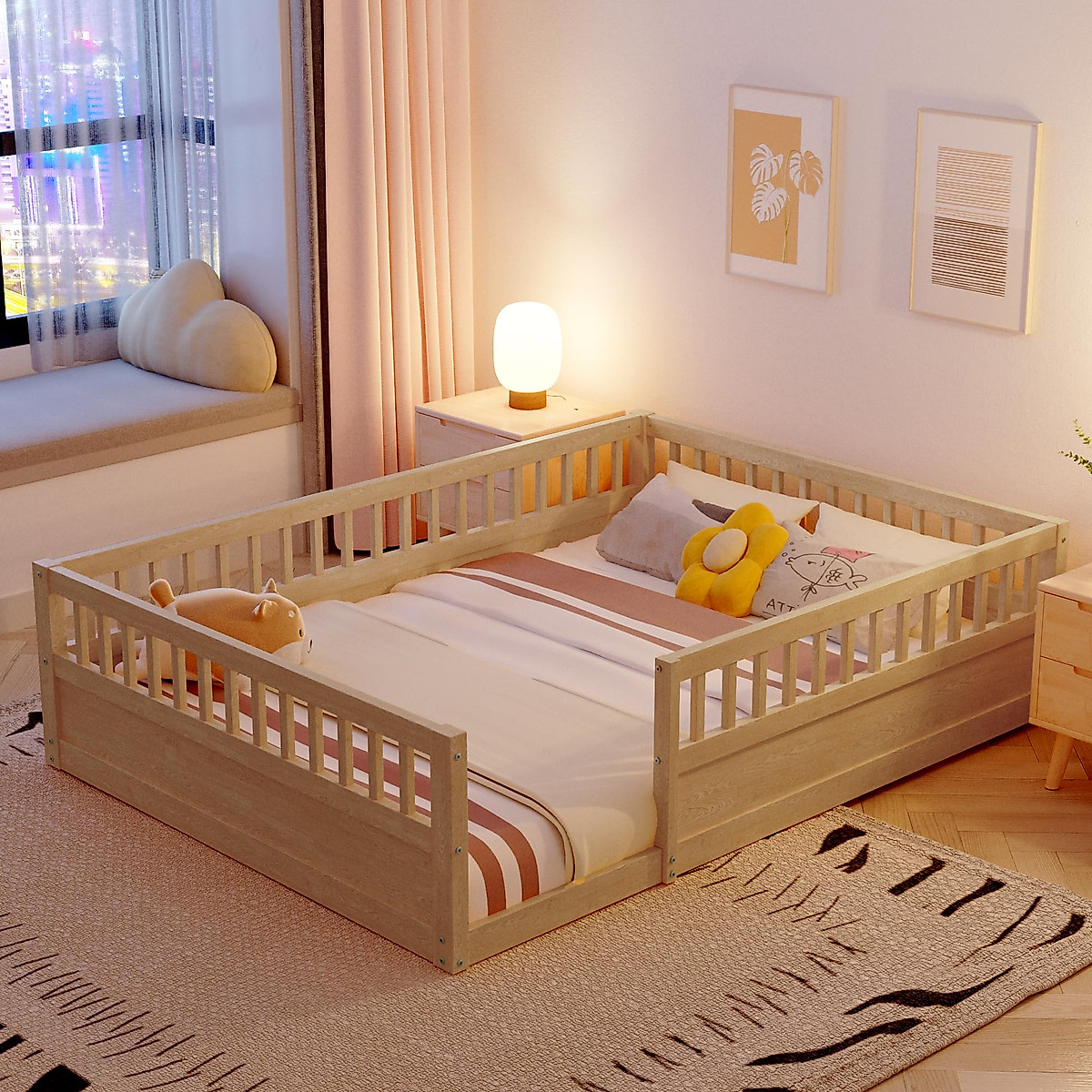 DNYN Full Size Floor Bed for Kids Bedroom,Solid Wood Bedframe w/Fence & Easy Assemble & Space Saving Design & No Box Spring Needed, Natural