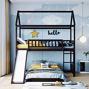 BIADNBZ L-Shaped House Bunk Bed, Twin Over Twin Size Beds with Slide and Roof, Wood Floor Bunkbed Frame, Space-Saving Design, Espresso