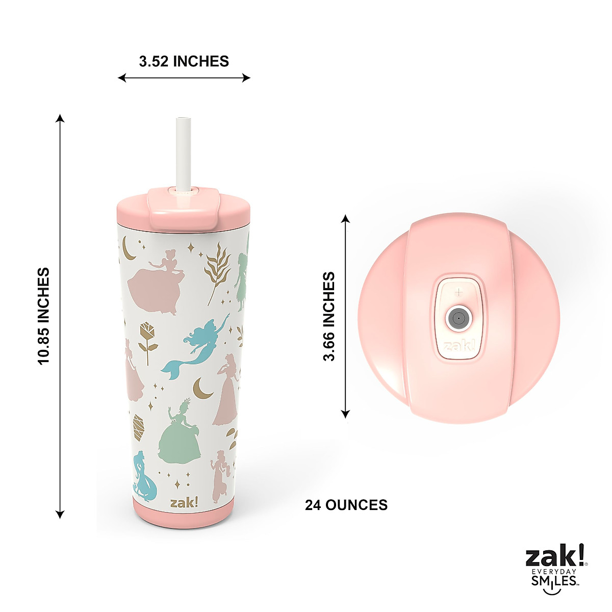 Zak Designs Disney Princess Straw Tumbler for Travel, 24oz Stainless Steel with Vacuum Insulation and Non-Skid Base (Ariel, Aurora, Belle, Cinderella, Jasmine, Moana, Rapunzel, Tiana)