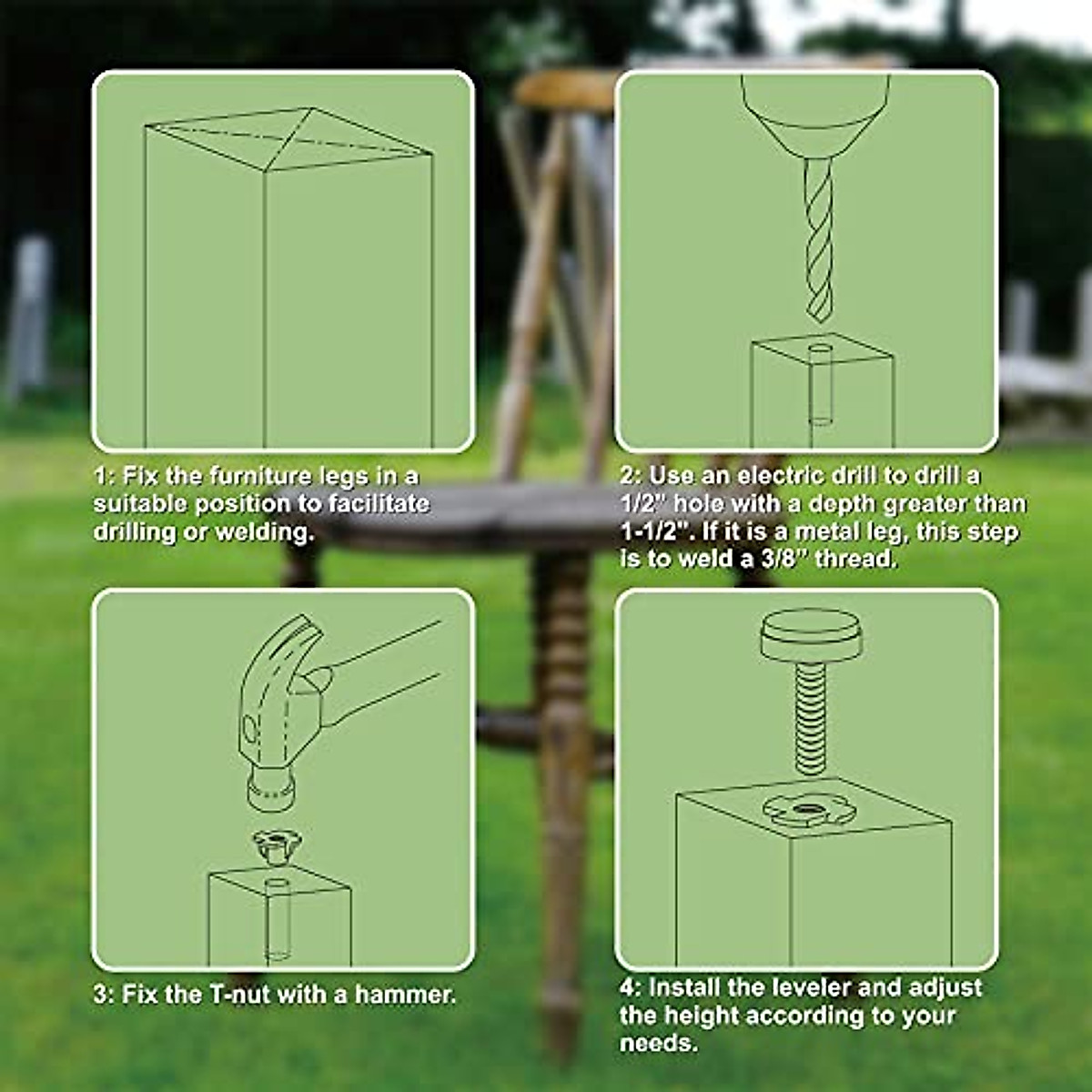 3/8" Threaded Leveling Feet Adjustable Table/Furniture Feet Levelers Screw on Heavy Duty Desk/Chair/Cabinet/Dresser/Bench Leg Leveler Screw in with Threaded Inserts(3/8-16,Large Base,Black,4 Pack)