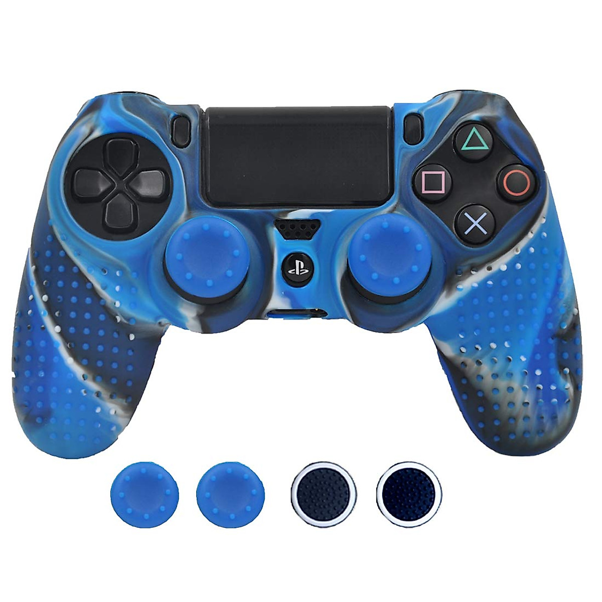 SKINOWN Silicone Case Anti-Slip Protective Grip Cover for PS4 Controller with 4 Thumb Grips(Blue Camo)
