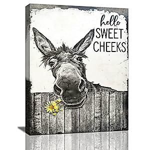 citari Farmhouse Bathroom Wall Art Donkey Poster Funny Donkey Pictures for Wall Rustic Canvas Print Black and White Painting Animal Wall Décor Country Vintage Framed Artwork 12"x16"