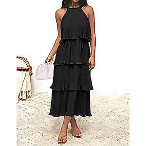 ZESICA Women's 2023 Summer Sleeveless Halter Neck Ruffle Tiered Layed Chiffon Flowy Swing Long Midi Dress,DarkBlack,Large