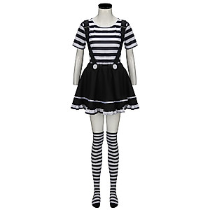SOLOTIMES Adult Women French Mime Costume Outfit Girls Paris Artist Halloween Cosplay Shirt Dress Beret Socks Gloves Suit Set (Large)