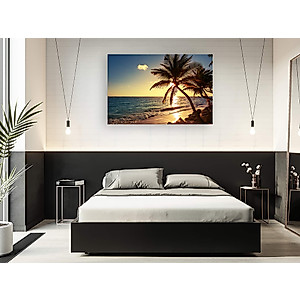 Muolunna S04981 Wall Art Decor Large Canvas Print Picture Sunset Ocean Beach Waves 1 Panel Coconut tree Scenery Painting Artwork for Office Home Decoration Stretched and Framed Ready to Hang XLarge
