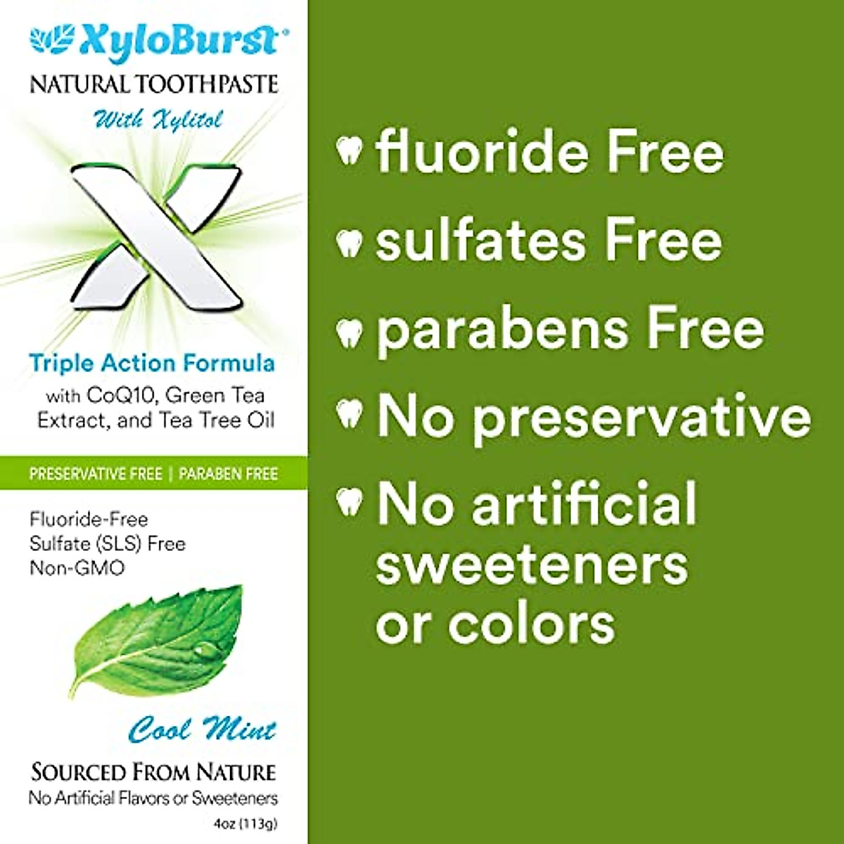 Xyloburst Natural Fluoride-Free Xylitol Premium Toothpaste with Xylitol and CoQ10 Cool Mint - SLS-Free, Paraben Free, Cruelty Free, 4 Ounce Tube Made in The USA (3 Tubes)