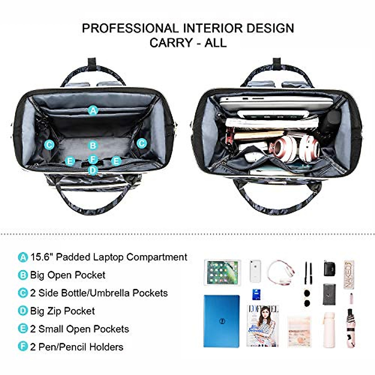 LOVEVOOK Laptop Backpack for Women 15.6 Inch, Teacher Backpack Womens Purse Water-resistant Travel Backpack with USB Charging Port, School Backpack Bookbag Nurse Bag Work Bags (Black Moire)