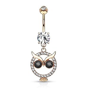 Amelia Fashion 14GA Crystal Paved Black Eyed Owl Dangle Belly Button/Navel Ring 316L Surgical Steel (Choose Color) (Rose Gold/Clear)