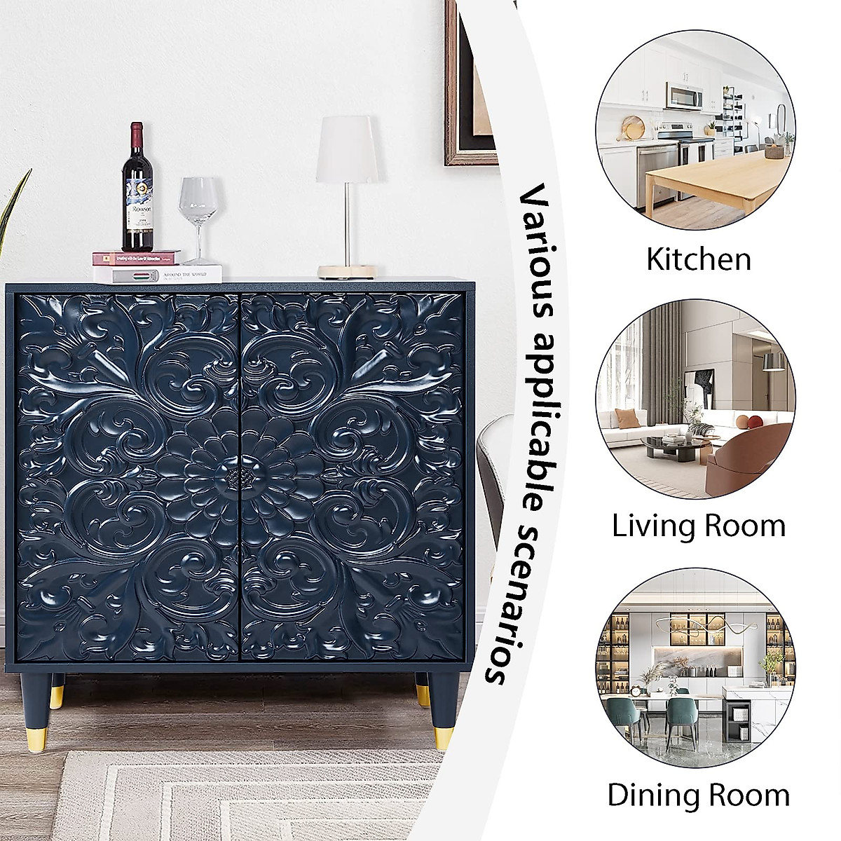 weselon Accent Cabinet with 2 Doors, Luxury Carving Board Storage Sideboard with Adjustable Shelves, Buffet Cabinet Entryway Table for Living Room (Gray Blue)