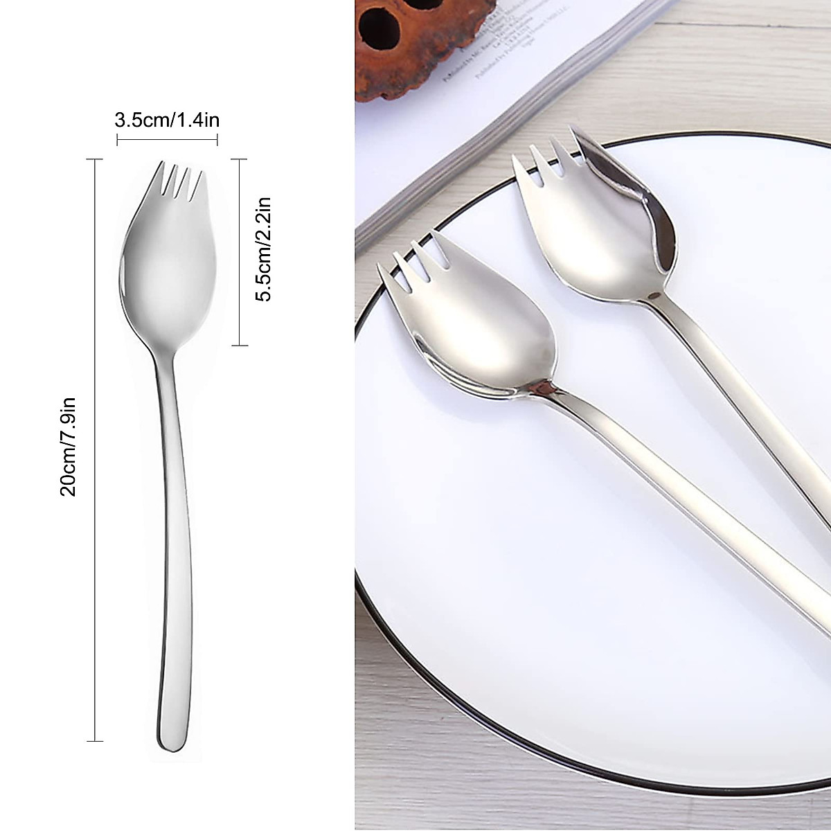 PDCTACST Metal Sporks Set of 6, 18/10 Stainless Steel Salad Spork Utensils, 7.9 Inches Long Handle Dessert Spoons, Ice Cream Spoons Salad Forks Flatware Set, for Fruit Appetizer Dessert Household Use