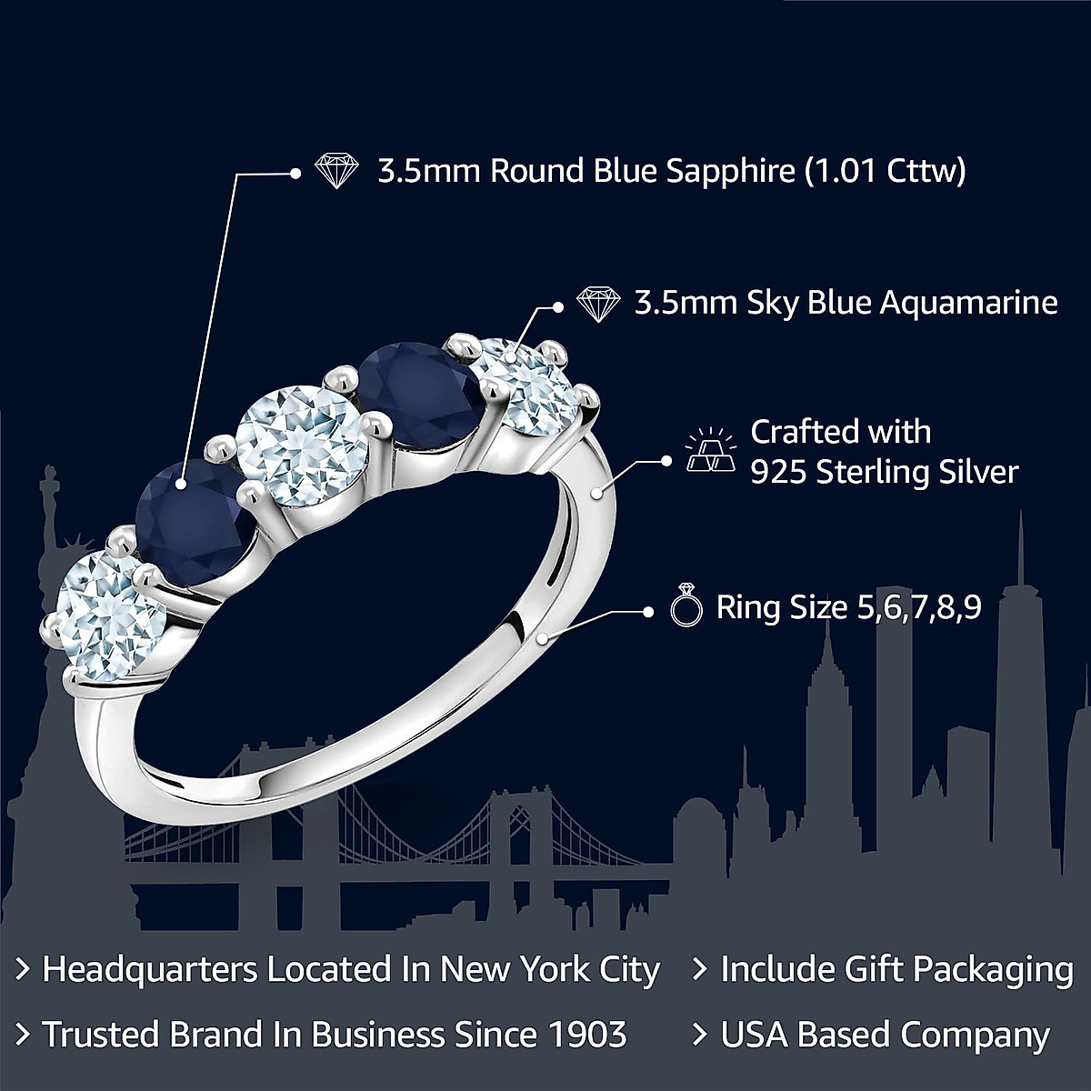 Gem Stone King 925 Sterling Silver Sky Blue Aquamarine & Blue Sapphire Wedding Band Ring For Women (1.01 Cttw, Round 3.5MM, Gemstone Birthstone, Available In Size 5-9)