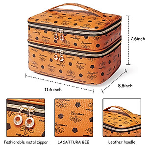LACATTURA Double Layer Makeup Bag for Women, Leather Travel Toiletry Bag, Large Cosmetic Case with Adjustable Divider, Portable Make Up Organizer, Brush Holder, Beauty Storage Bags for Girls, Brown
