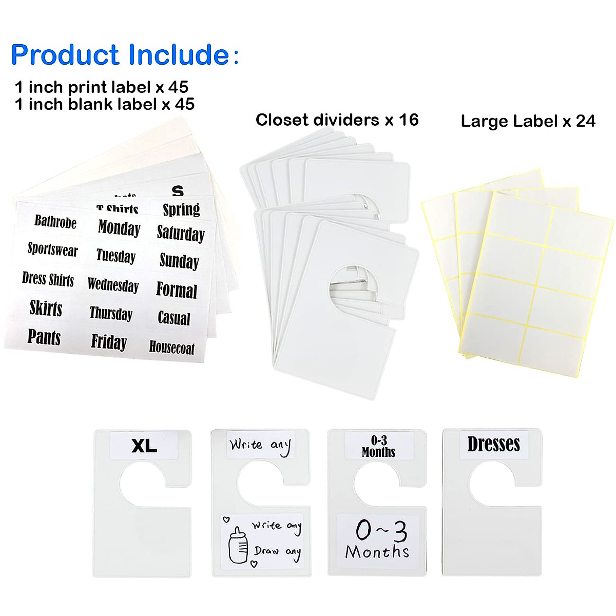 TraGoods 20 Pack White Clothing Rack Size Dividers Plus 90 Labels (1 Inch) and 20 Large Blank Labels, Large Rectangular Clothing Closet Dividers (Pearl White)