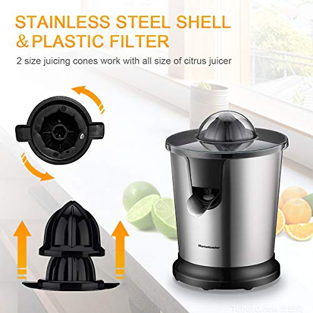 Homeleader Electric Citrus Juicer, Lemon Squeezer with Stainless Steel, Orange Squeezer with Two Cones, Powerful Motor for Grapefruits, Orange and Lemon, Black