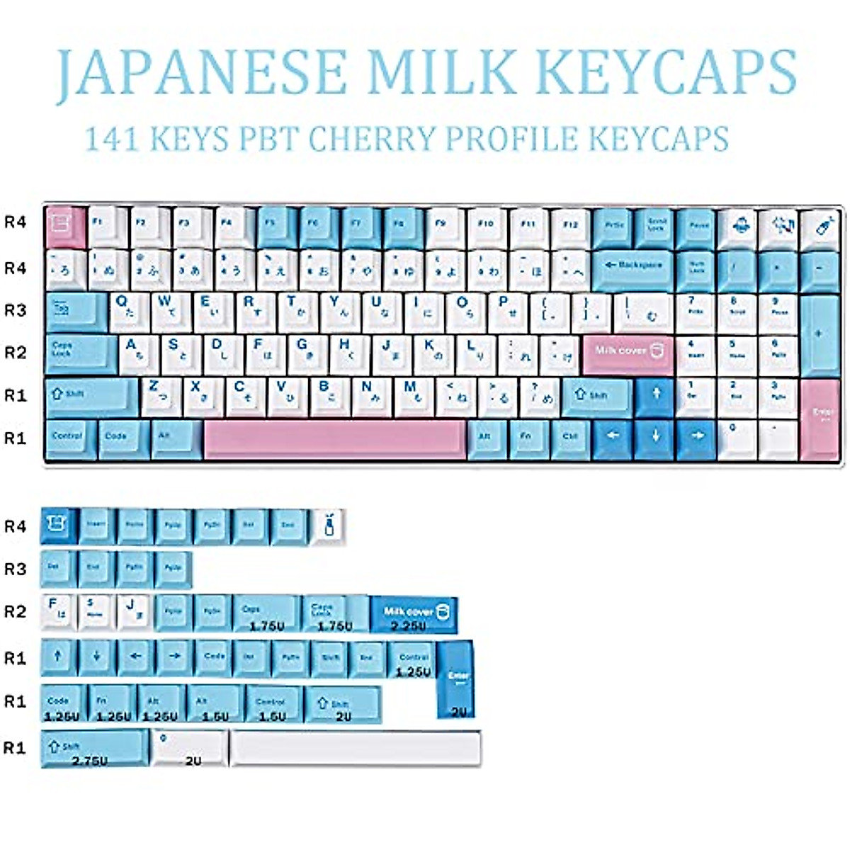 PBT Milk Japanese Keycaps 141 Keys Cherry Profile Dye Sublimation ANSI Layout for Mechanical Gaming Keyboard Cherry MX Switches