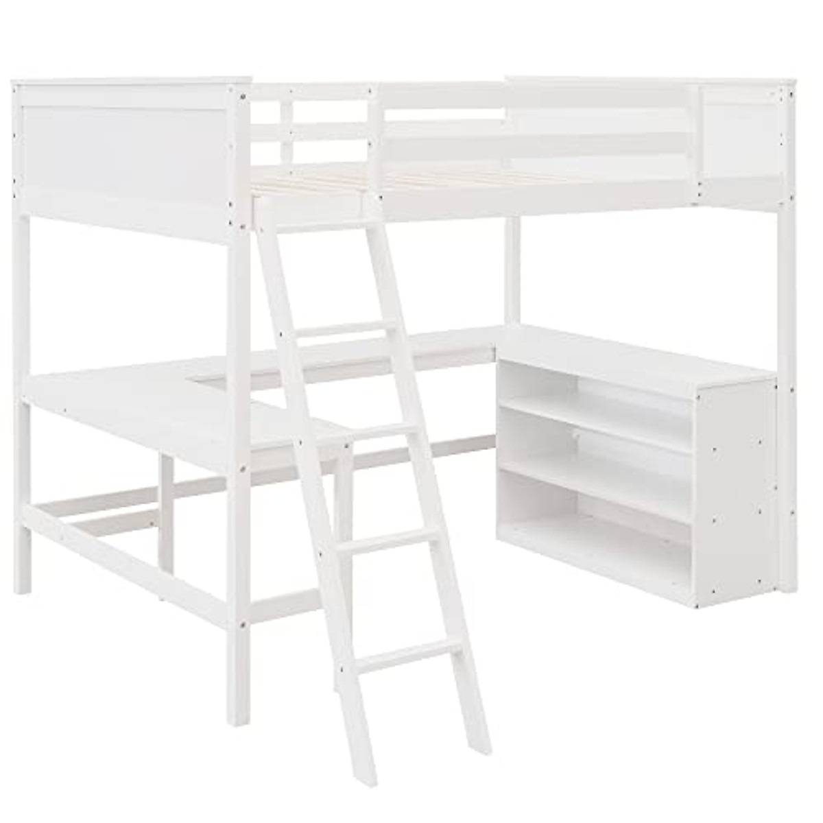 GYYBED Full Size Wooden Loft Bed with 3 Storage Shelves and Built-in L-Shape Desk for Kids Teens Adults Full Size loft Bed with Desk Full Size loft Bed loft Bed with Desk(White + Wood)