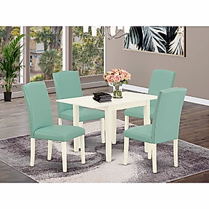 HomeStock Old World Opulence Modern Dining Table Set 5 Pcs - 4 Kitchen Chairs and A Dining Table - Linen White Finish Hardwood - Pond Color Pu Leather