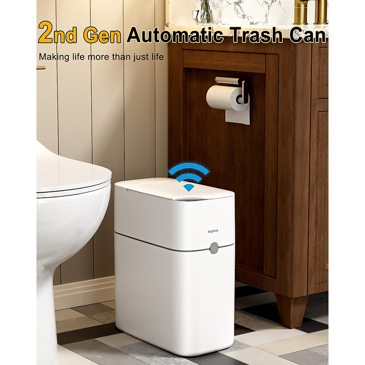 CTIME 2nd Gen Automatic Trash Can Bathroom Motion Sensor Garbage Can with Soft-Close Lid,3 Gallon Automatic Bag Expanding Trash Bins,White Slim Small Garbage Cans for Narrow Place(Includes 1 Bag Roll)