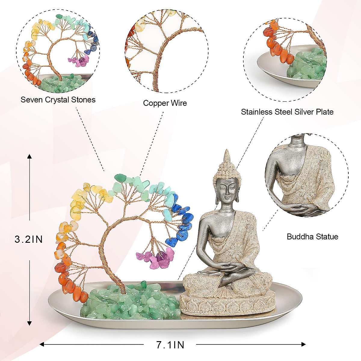 INNOLITES 7 Chakra Crystal Tree and Buddha Statue set, Yoga Meditation Decor, Money Tree and Buda Statues for Home Living Room Office Shelf Decoration Wealth and Luck（Silver）
