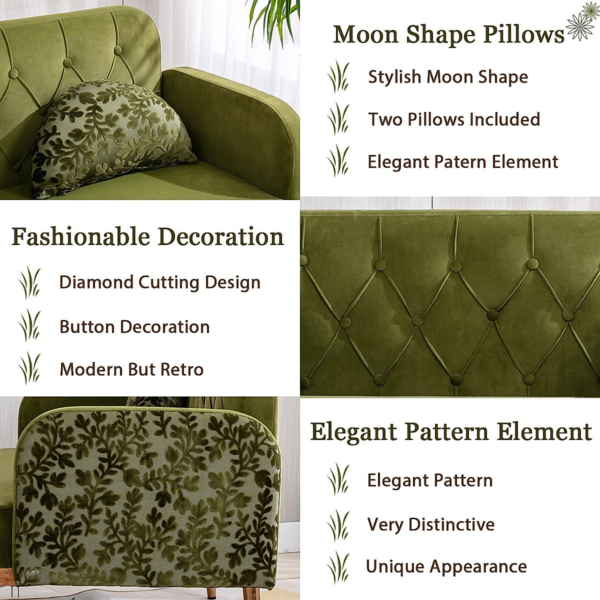 55-inch Small Velvet Couch with Elegant Moon Shape Pillows, Twin Size Loveseat Accent Sofa with Golden Metal Legs, Living Room Sofa with Tufted Backrest, 600 Pounds Weight Capacity, Green