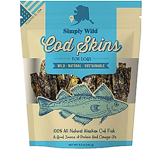 Simply Wild Cod Skins Alaskan Cod Fish Training Treats for Dogs-Dehydrated Fish, All Natural Human Grade Skins - Low Fat Treat Sustainably Sourced in USA (6.6 Oz)