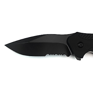 Black Serrated Folding Pocket Knife, 3" 8Cr13MoV Steel Blade with Glass-Filled Nylon Handle, Reversible Pocketclip Liner Lock, Flipper Assisted Opening Knife for Everyday Carry