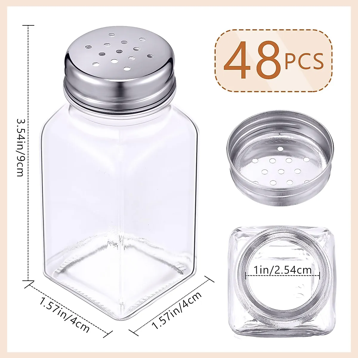 Bokon 48 Pack Glass Salt Shaker Bulk with Stainless Lids Tops 2.7oz Small Spice Shaker for Kitchen Restaurants and Catering Wedding Party Supplies (Classic)